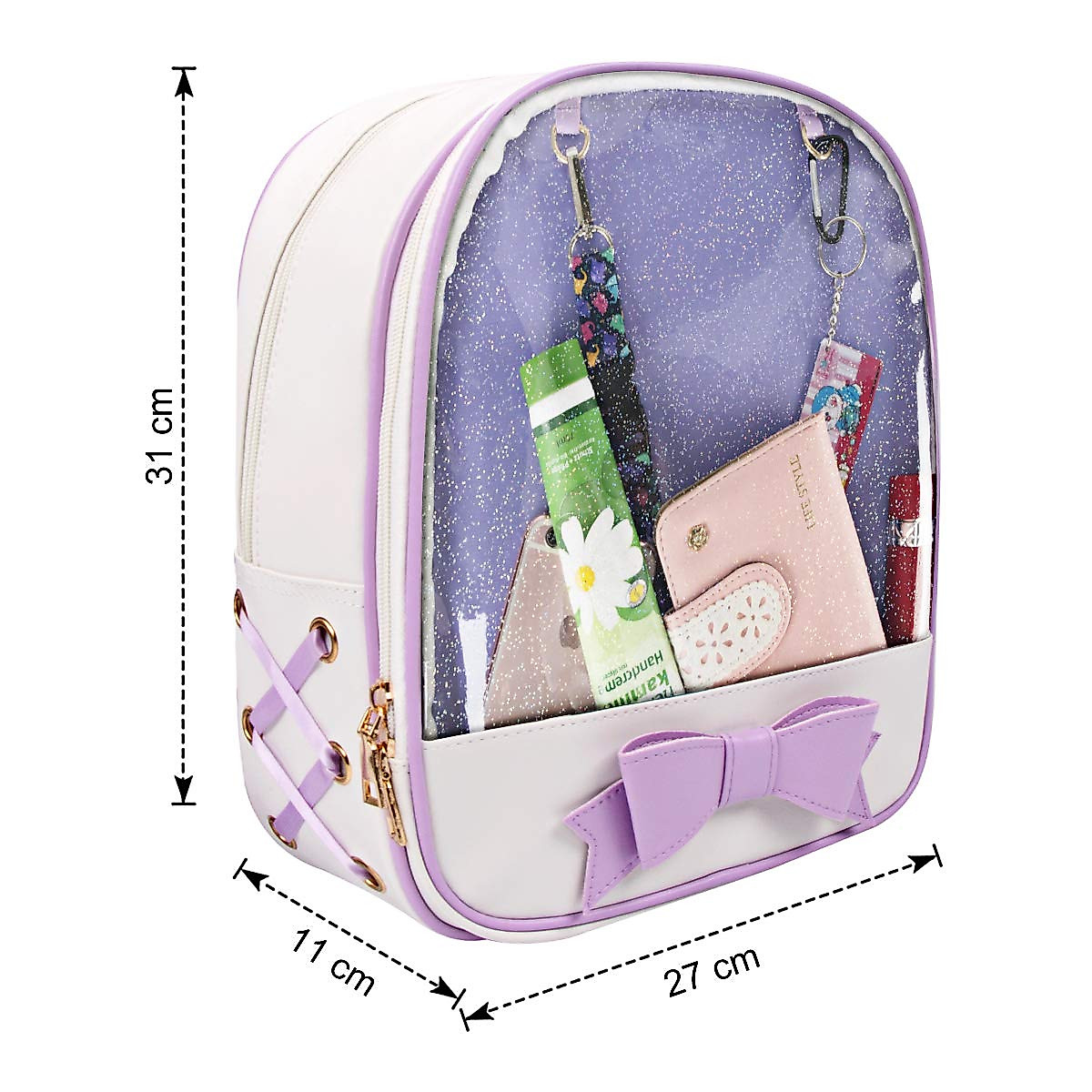 PG6 FF1 Candy Leather Bow Backpack Clear Beach Girls Bag Ita Bag, Purple, One Size