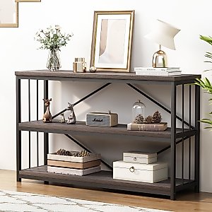 LVB Industrial Console Entryway Table, Modern Metal Sofa Table Behind Couch, Rustic Wood Foyer Tables with Storage Shelves, 3 Tier TV Stand Accent Table for Hallway Living Room, Dark Gray Oak, 47 inch