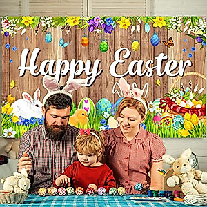 Happy Easter Decorations Easter Backdrops Photography Banner Bunny Grassland Rustic Wood Background Eggs Banner for Jesus Easter Spring Party Decorations, 70.8 x 43.3 Inch