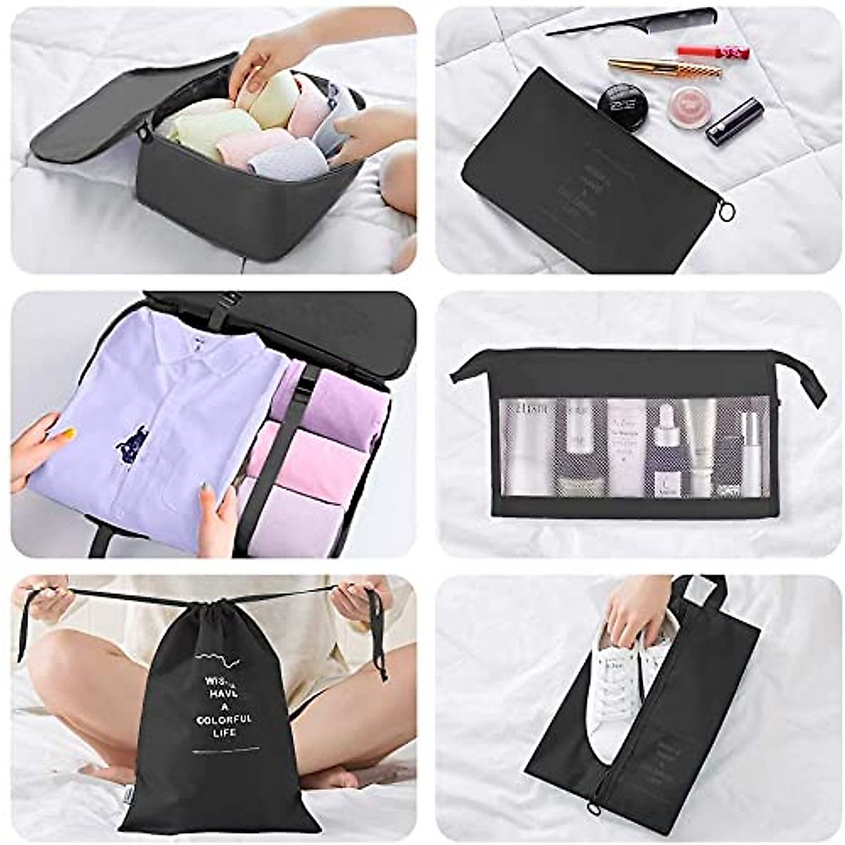 Packing Cubes - 9 PCS Travel Luggage Organizers Set Waterproof Suitcase Organizer Bags Clothes Shoes Cosmetics Toiletries Storage Bags(Black)