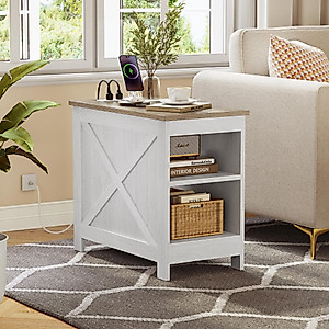 YITAHOME End Table with Charging Station, Narrow Side Table with Storage Shelf, Farmhouse Nightstand with Storage for Small Spaces, Living Room, Bedroom, Grey Wash