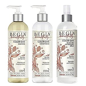 Begin Beautifully Color-Safe Shampoo, Conditioner and Blow-Dry Detangler Spray Set For Natural and Curly Hair - Color-Safe to Minimize Fading