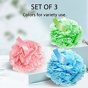 LYFONDYI Shower Puff Bath Sponge Shower Loofahs for Body wash Color Pouf Ball Exfoliating Body Scrubber Set of 3(Red & Green & Blue)