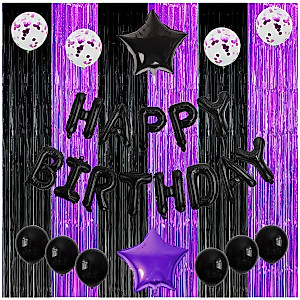 Graduation Decorations 2024 Purple Black Foil Fringe Backdrops, Black Purple Party Decorations Streamer Tinsel Curtains for Graduation Birthday Halloween Party(3 Pack)
