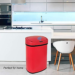 Automatic Sensor 13 Gallon Trash Can, Touch Free Trash Can, No Touch Garbage Can Kitchen Waste Bin, High-Capacity Bathroom Trash Can with Lid for Home Bedroom Office, Power by Battery, Red