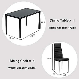 SLEERWAY Kitchen Dining Table Set for 4 People, Thickened Tempered Glass Desktop Kitchen Table and 4 Leather Chairs with Cushion, Modern Dining Room Sets for Small Space, 5 Pieces