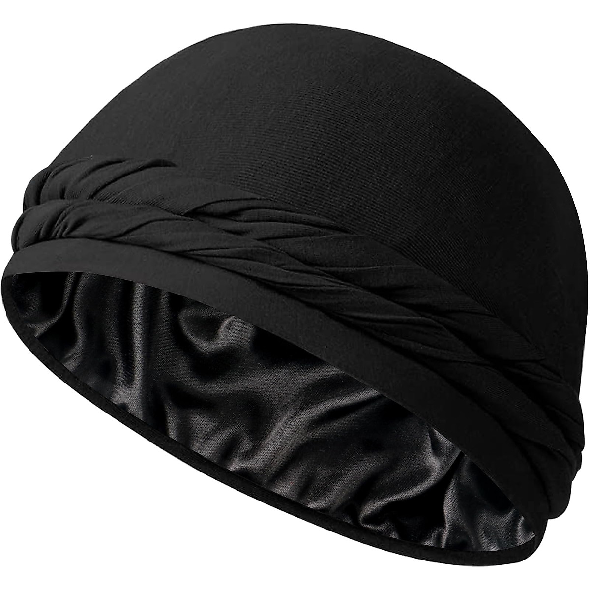 Ababalaya Satin Lined Halo Turban for Mens Halo Turban PRE-TIED Beanie Hats Silky Lined Durag for Waves Braids Locs Sleeping Bonnet, Black, 1 PCS