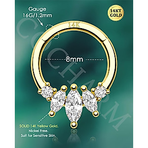 COCHARM 14K Gold Septum Rings 14K Yellow Gold Septum Piercing Jewelry 16g Septum Clicker 14kt Real Gold Daith Earrings Solid Gold Daith Piercing 8mm 14K Gold Daith Jewelry for Women Men