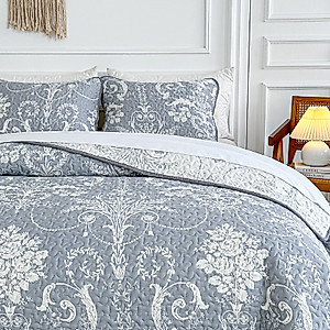 Gray Cotton Quilt Set Queen Size Floral Quilt Set White Flowers Leaves Cotton Reversible 3pc Quilt Bedding Set, Coverlet, Bedspread with 2 Pillow Shams