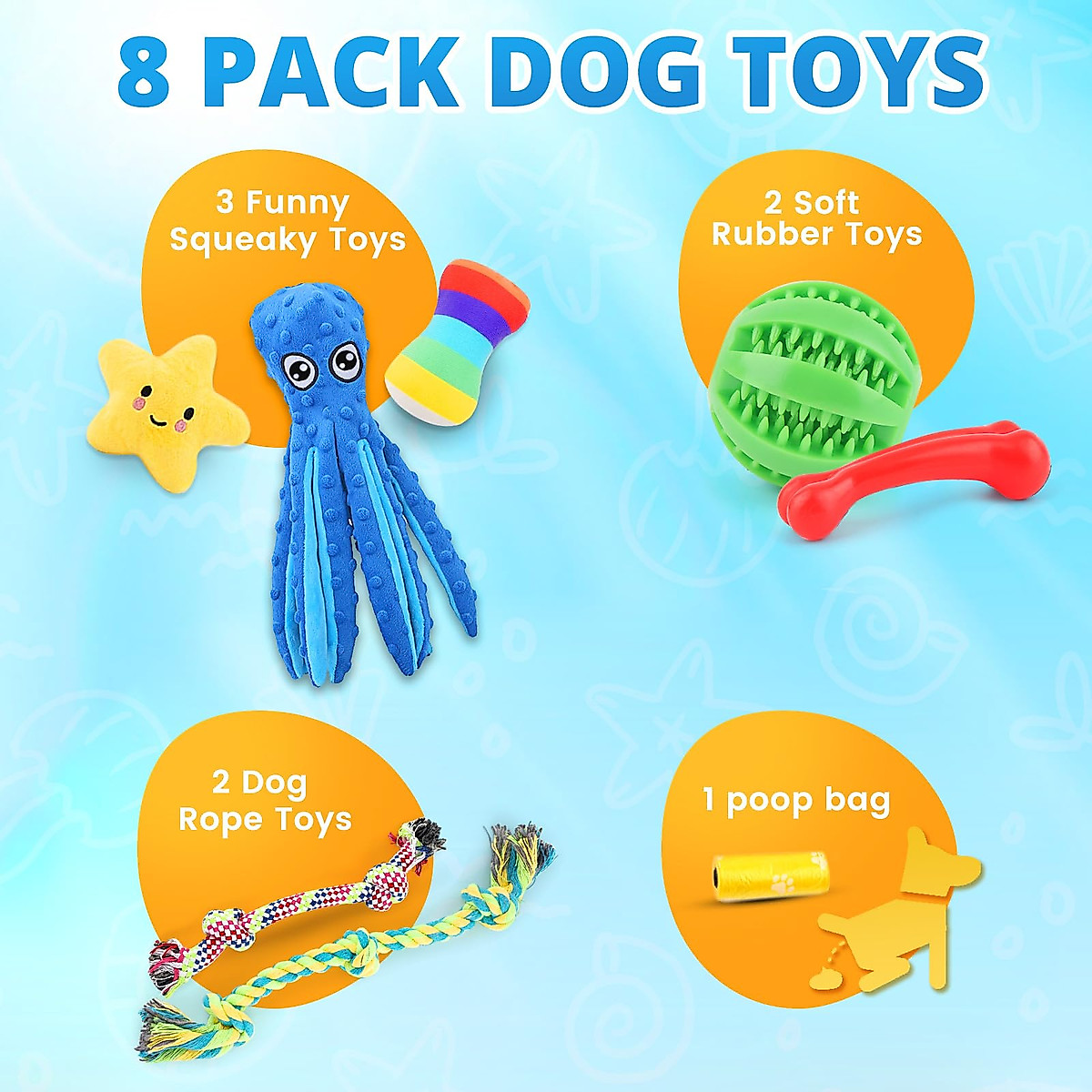 Puppy Toys 8 Pack for Small Dogs, Luxury Christmas Dog Chew Toys with Squeaky Plush Toys, Rope Toys and Ball, Teething Toys for Puppy Supplies (Blue)