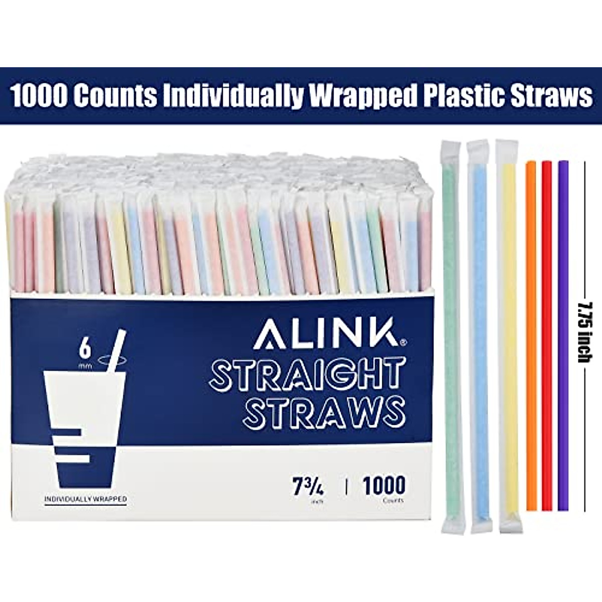 ALINK 1000 Count Assorted Colored Plastic Disposable Drinking Straws, Individually Wrapped Straight Party Straws - 7.75" x 0.23"