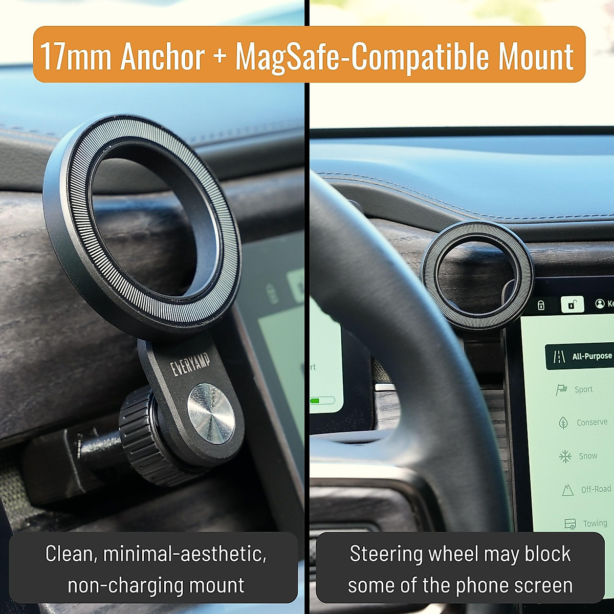 EveryAmp Phone Mount Dash Anchor with 17mm Magnet Mount for Rivian R1T & R1S 2022-2024 - Mount Cell Phones, Tablets, Microphones, Radar Detectors and More with No Screws or Adhesives - Patent Pending