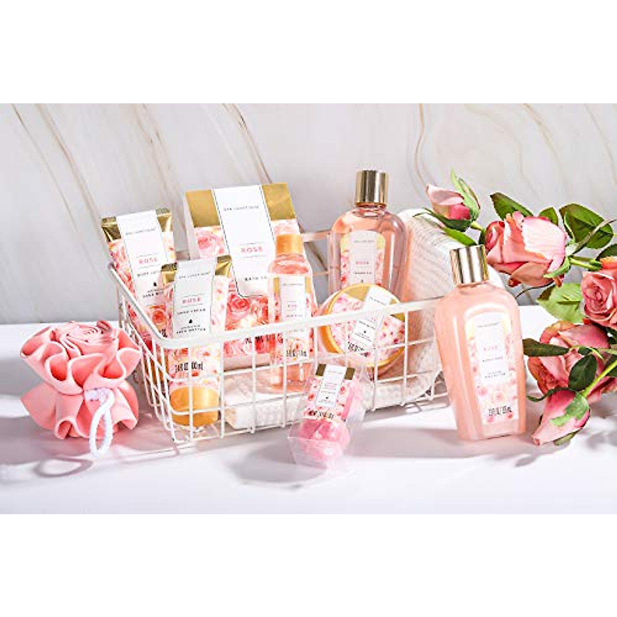 Spa Luxetique Gifts for Women - 10pc Rose Gift Basket, Deluxe Spa Tote Bag Bath Set with Wooden Handle, Bath Salt, Hand Soap, Body Butter, Mothers Day Gift Sets, Mothers Day Gifts for Mom