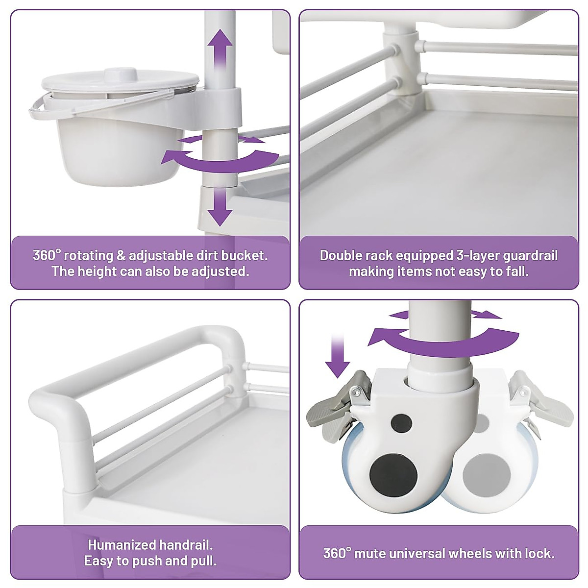 biosp Medical Trolley 3 Tier 500 Lbs Heavy Duty Professional Utility Cart Spacious Beauty Salon Rolling Trolley with 360°Rotate Wheels, Dirt Bucket & Drawer for Hospital Dental Clinic, White
