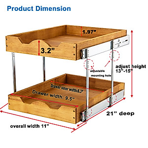 DINDON 2 Tier Pull Out Cabinet Organizer (11" W x 21" D) Double Tier Slide Out Wood Drawer Under Cabinet Storage And Organization