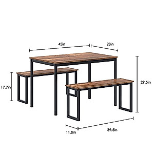 DlandHome Dining Table Set for 4, Kitchen Table Set with 2 Benches, 3 Piece Dining Room Table and Benches, Kitchen Coffee Table Set for Flats, Industrial Style Wooden Kitchen and Dining Room Set