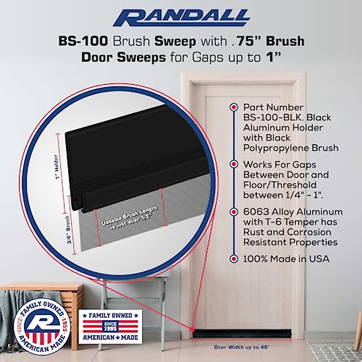Randall Manufacturing Co., Inc 48In Black Door Sweep with Brush for gaps up to 1In Made in USA