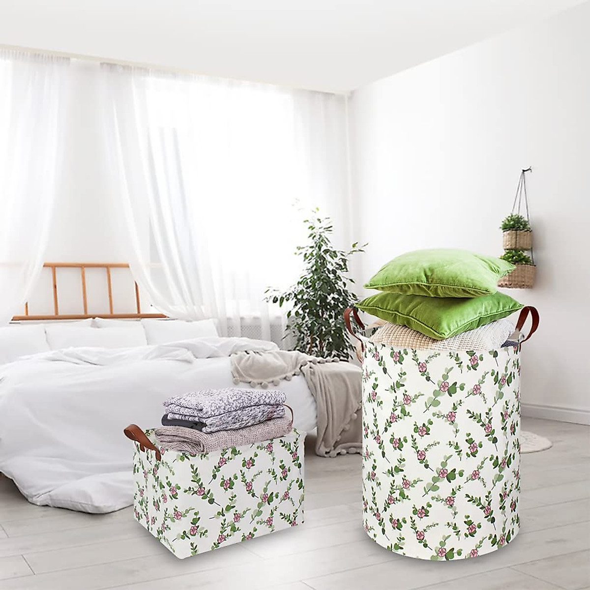 NTAOHAMPER Large Round Canvas Linen Laundry Hamper,Waterproof Storage Bin for Toys,Books,Clothes,Pets, Laundry Basket, Gift Basket(Eucalyptus leaves)