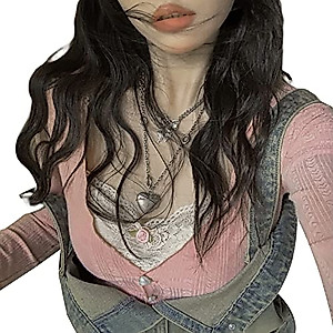 Y2K Women Lace Patchwork V-Neck Knitted Aesthetic Crop Tops Fall Long Sleeve Flim Fit Fairy Grunge Shirt E Girl Streetwear (Pink, S)