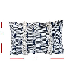 Foreside Home & Garden FIPL09778 Blue Decorative Woven 14x22 Outdoor Throw Pillow with Hand Tufted Fringe