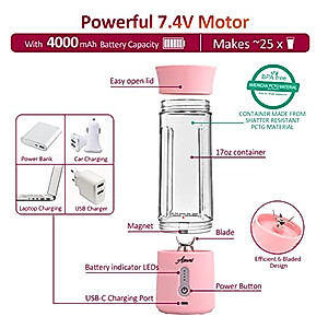 Portable Blender for Shakes and Smoothies, USB Rechargeable Personal Blender, Mini Blender with a 17.6oz Capacity, Strong Stainless-Steel Blades, and Powerful Motor, For Travel, Camping, Gym (Pink)