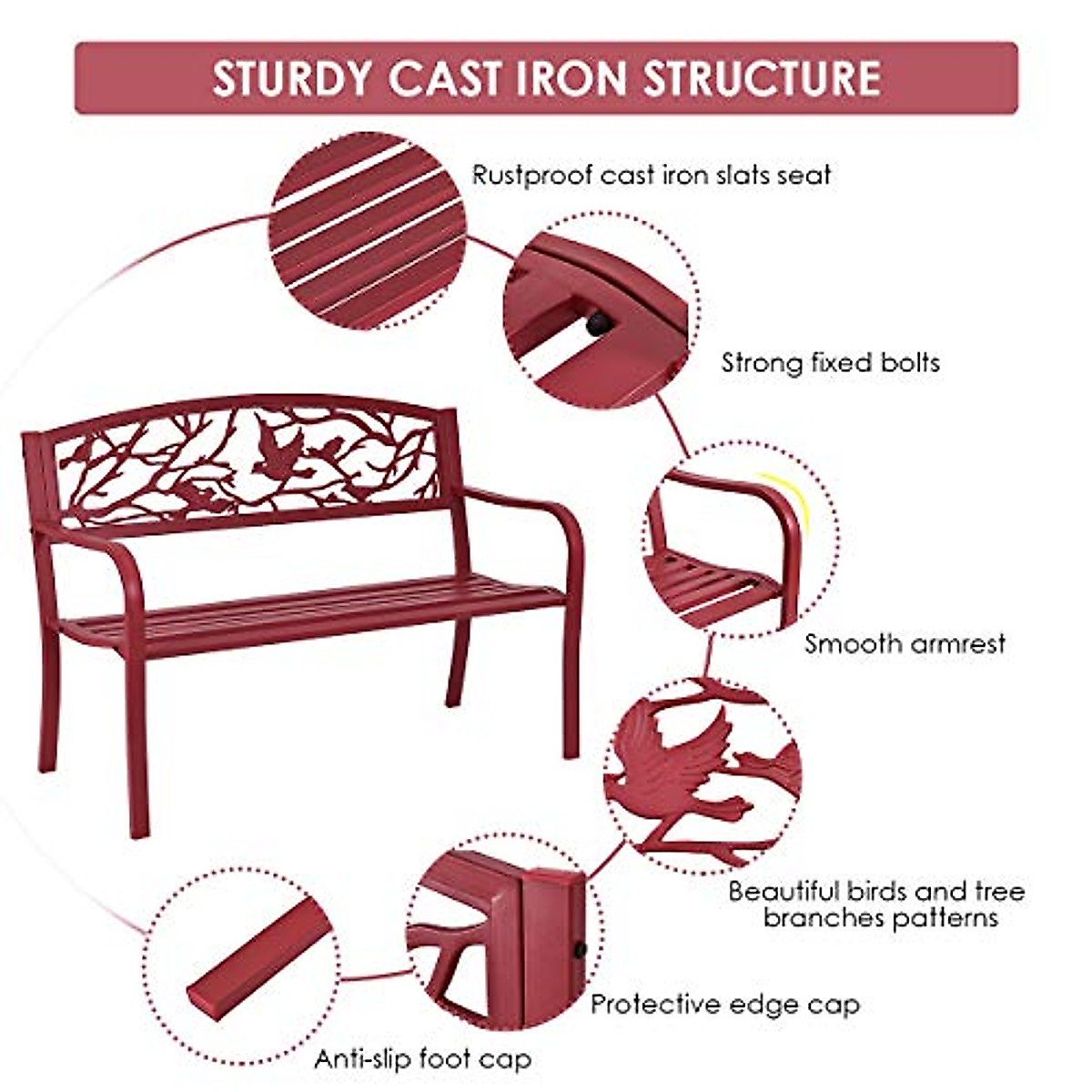 Tangkula Outdoor Garden Bench Park Bench, Patio Red Bird Bench Loveseat W/Backrest & Armrests, Heavy-Duty Steel Frame, Outdoor Furniture Bench Chair for Garden Courtyard Lawn Porch