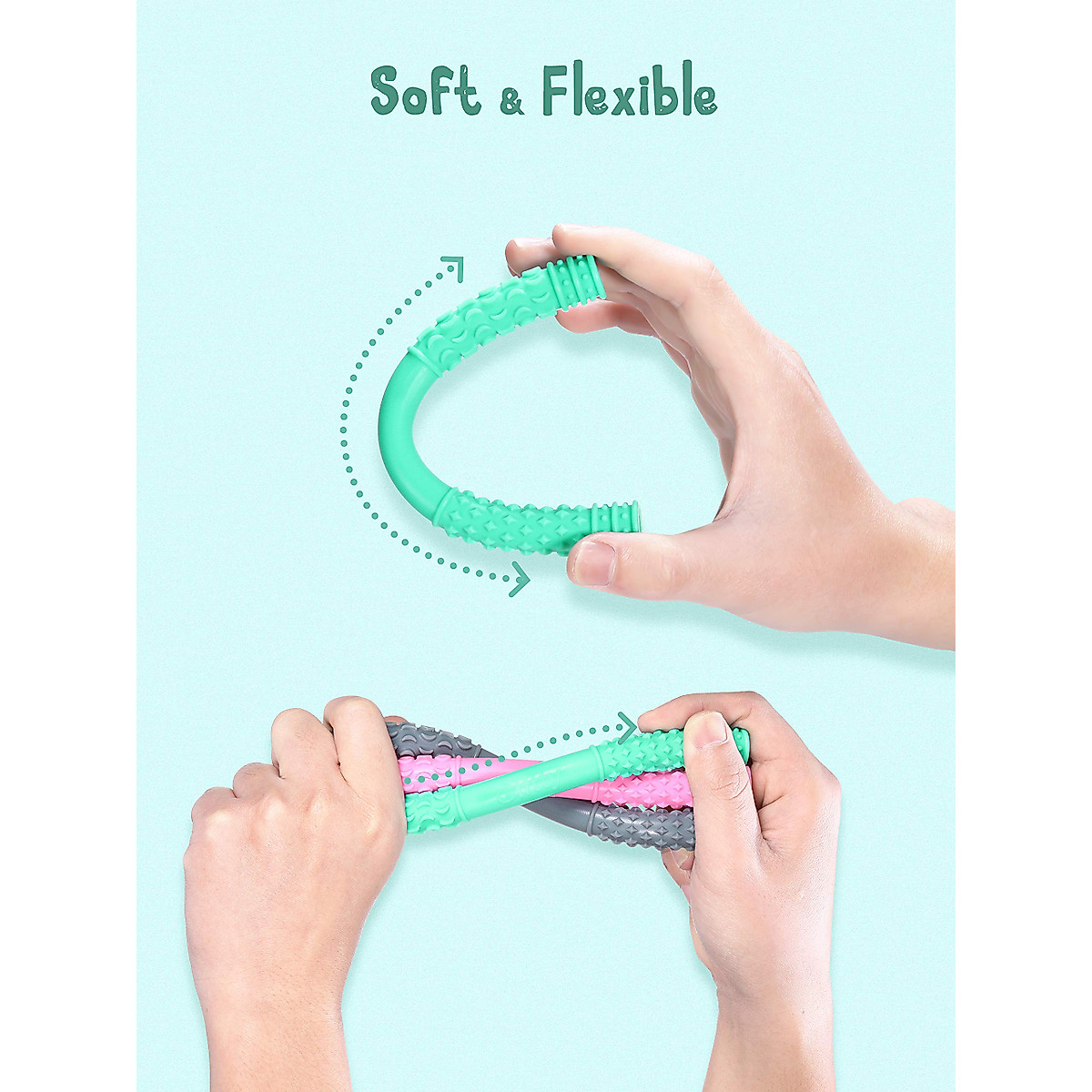 Giftty Teething Tube with Safety Shield Baby Hollow Teether Sensory Toys Gum Massager, Food-Grade Silicone for Infant 3-12 Months Boys Girls, 1 Pair with 4 Cleaning Brush Included (Emerald+Blue)