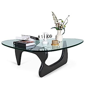 eChamp Noguchi Table Triangle Glass Coffee Table Vintage Glass End Table, Solid Wood Base and Triangle Clear Glass Top Modern End Table for Living Room, Patio, Study (Black)