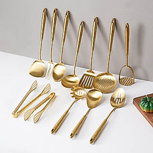 Gold Kitchen Utensils Set, 12 PCS Brass Matte Serving Utensils Set, 304 Stainless Steel All Metal Cooking Utensil - Potato Masher, Tongs, Spatula, Meat Fork, Ladle, Skimmer Spoon, Spaghetti Spoon Set