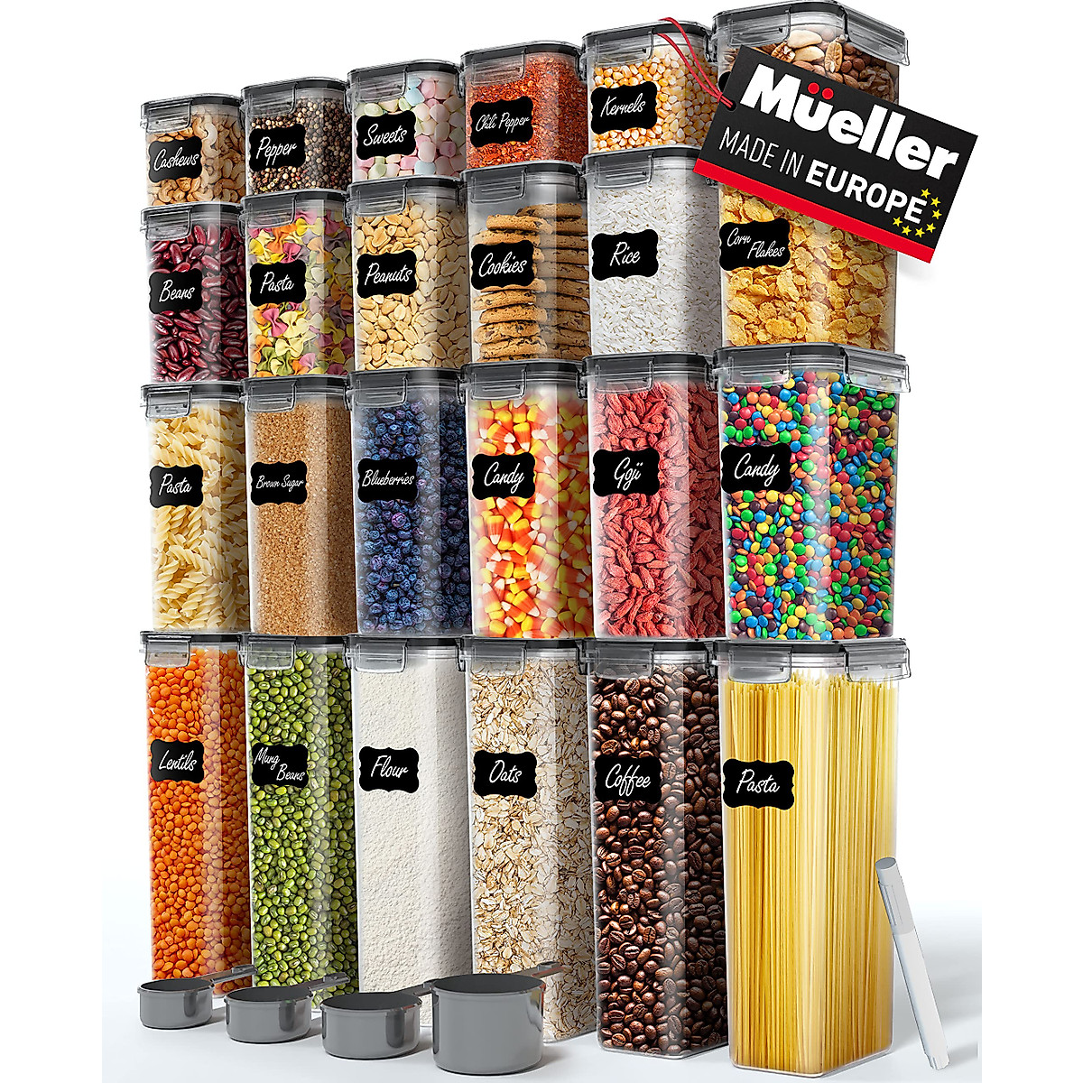 Mueller Airtight Food Storage Container Set with Lids – 24-Piece, Kitchen & Pantry Organization and Storage, Dishwasher, Freezer and Microwave Safe – 24 Labels, 4 Measuring Cups and Marker, Dark Grey