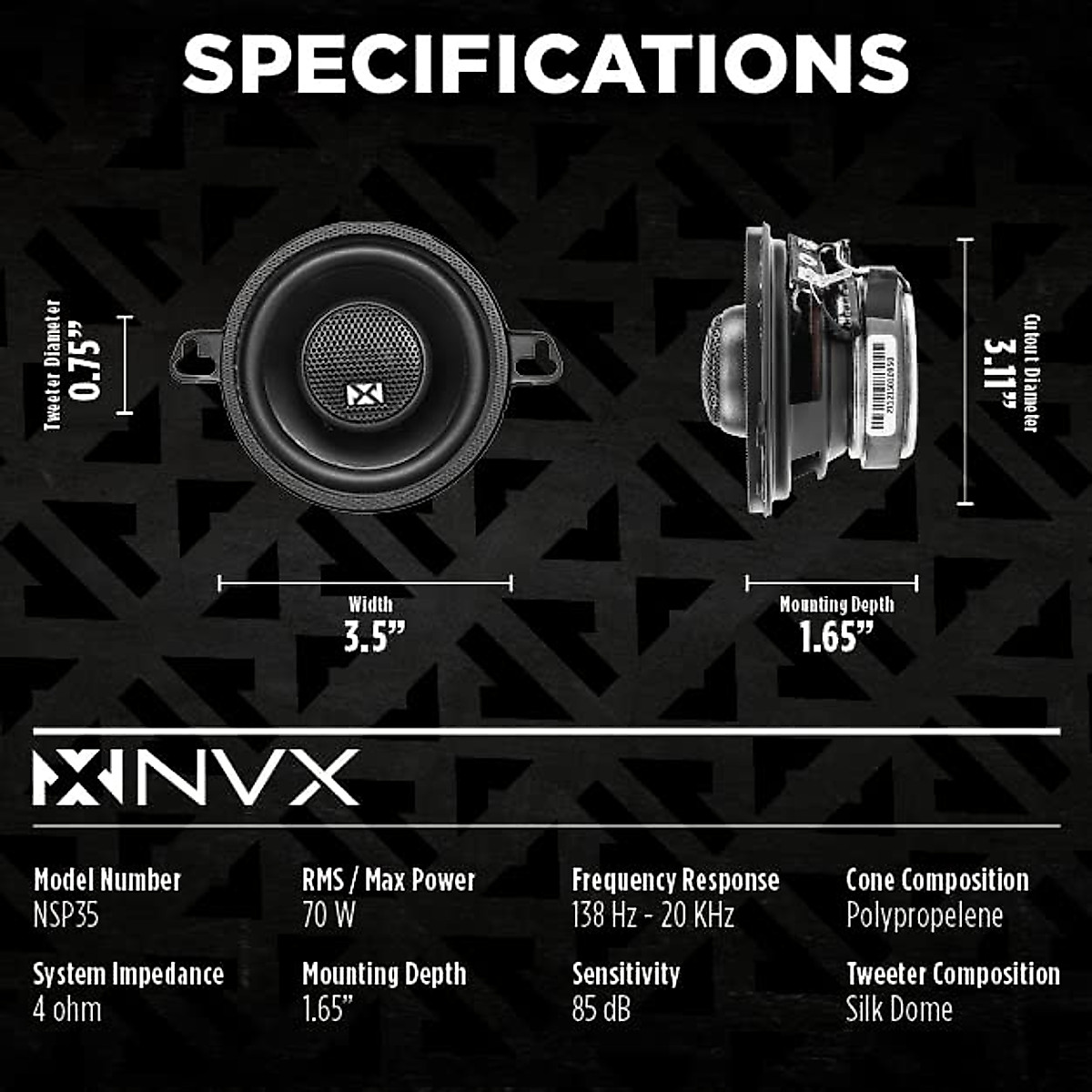 NVX NSP35 140W Peak (70W) RMS 3.5” N-Series 2-Way Coaxial Speakers with 3/4” Silk Dome Tweeters (Pair)