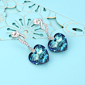 EleQueen 925 Sterling Silver CZ Love Heart Leaf Ribbon Dangle Earrings Bermuda Blue Made with Austrian Crystals