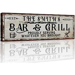 Tailored Canvases Custom Bar and Grill Sign - Canvas Wall Art Decor for Man Cave, Hideout, Kitchen, Pub, Diner and Restaurant - Rustic Bar & Grill Hook on Cloth with 1 Beer Mug and Griller, 48x16in