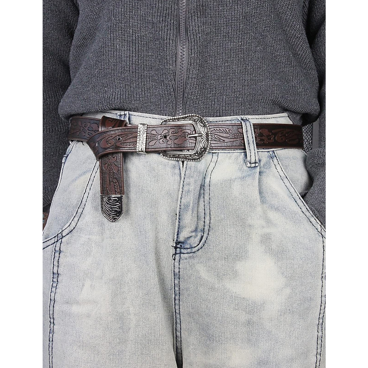 TOPACC Western Embossed Engraved Tooled Leather Belt for Women Brown Cowgirl Cowboy Country Belts for Jeans Pants Girls