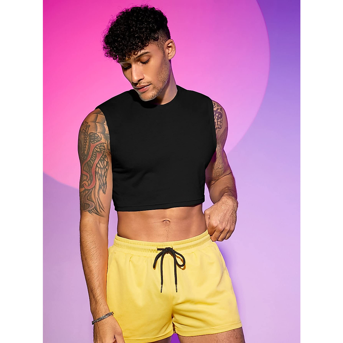 SOLY HUX Men's Solid Sleeveless Round Neck Casual Summer Crop Tank Top Shirts Black S