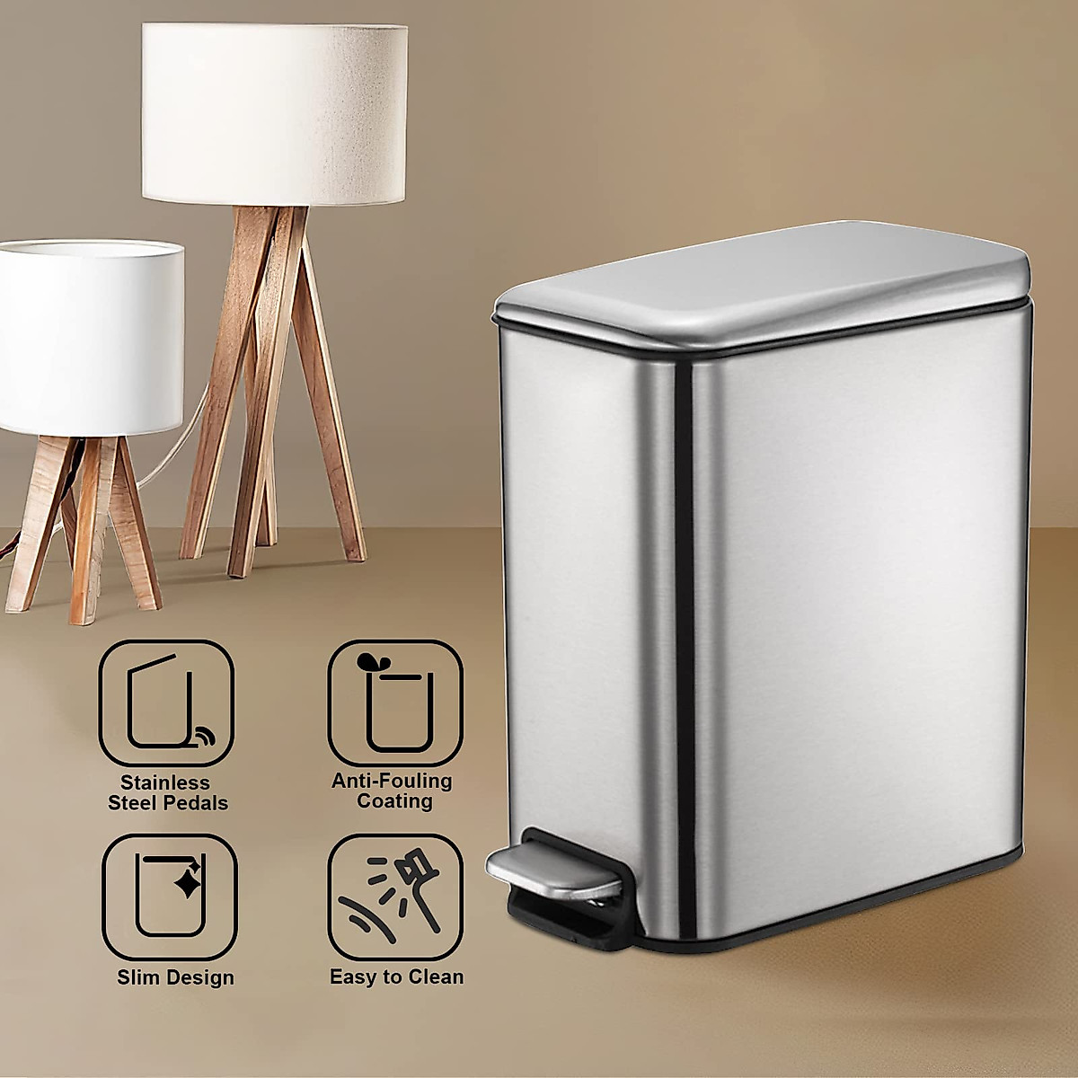 GONICVIN Bathroom Bin, 1.3 Gallon Stainless Steel Pedal Bin Waste Bin with Lids, Slow Drop Closing Slim Rubbish Bin Pedal Waste Basket for Bathroom, Kitchen, and Office (5L, Stainless Steel)