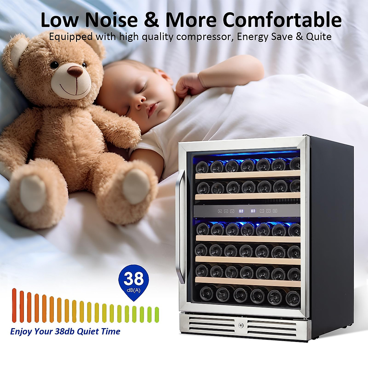 Upgraded 24 Inch Wine Cooler Refrigerator, 46 Bottle Dual Zone Wine Fridge, Built in or Freestanding Wine Cooler with Stainless Steel, Low Noise, Glass Door, Safety Lock, Temperature Memory Function