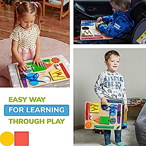 deMoca Busy Board for Toddlers, Montessori Toy for 3 Year Old with 10 Educational Toddler Activities to Develop Fine Motor Skills, Learning Wooden Travel Toy for Plane and Car Journey