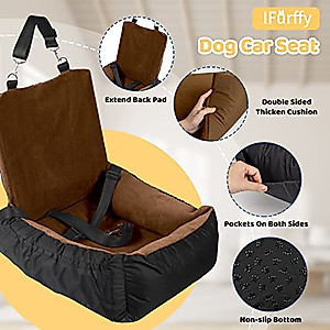 IFurffy Dog Car Seat, Pet Car Seat with Storage Pockets and Clip-On Safety Leash, Washable Coral Fleece Dog Booster Seat for Small Medium Dogs, Small Dog Car Seat for Travel Dog Car Bed (Brown)