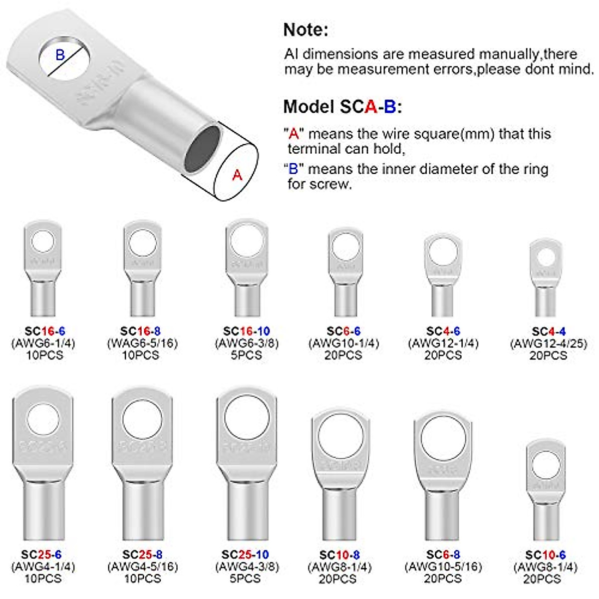 170 Pieces Copper Battery Cable Ends 12 Sizes Battery Wire Lugs Eyelets Tubular Ring Terminal Connectors SC Terminals for Automotive Supplies AWG4, AWG6, AWG8, AWG10, AWG12 (Silver)