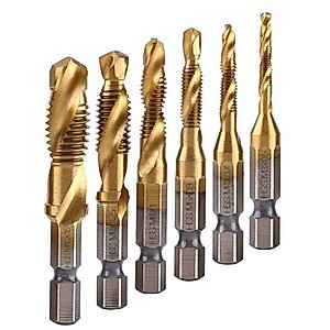 Eyech 6Pcs Titanium Combination Drill and Tap Bit Set, Metric Drill Tap Bits Screw Tapping Bit Tool 1/4" Hex Shank 3 Functions in 1