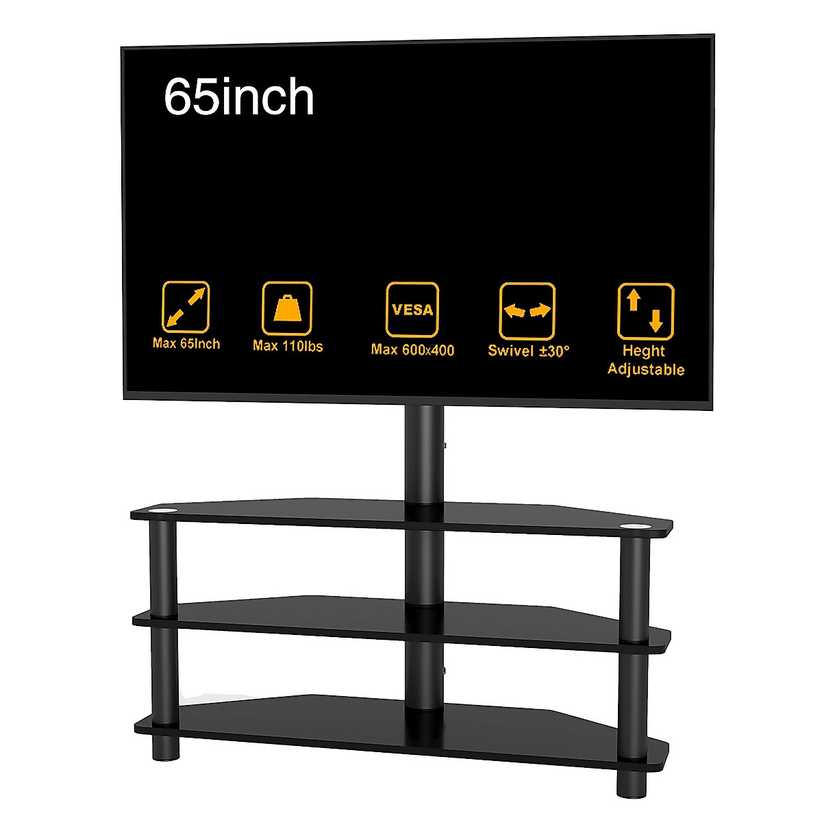 IANIYA Swivel Floor TV Stand Height Adjustable Bracket Entertainment Stand for 32 to 65 inch TV | 3-Tier BlackTempered Glass Multi-Function TV Stand