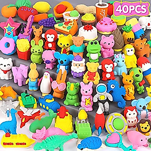 Arscniek 40 Pack Pencil Erasers for Kids Bulk Toys, Puzzle Animal Erasers 3D Mini Erasers Take Apart Food Erasers, Party Favors Desk Pets Classroom Prizes Treasure Box Stocking Stuffers for Kid Gifts