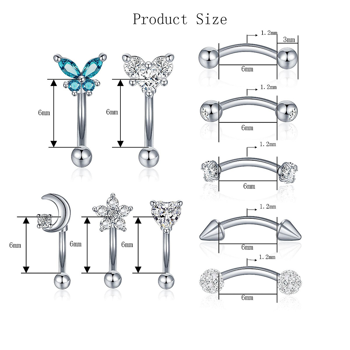 EVISPOL 10Pcs 16G Rook Piercing Jewelry for Women Men, Eyebrow Rings Curved Barbell 316L Stainless Steel Belly Lip Rings CZ Daith Cartilage Earrings Tragus Helix Piercing Jewelry-6MM-Silver