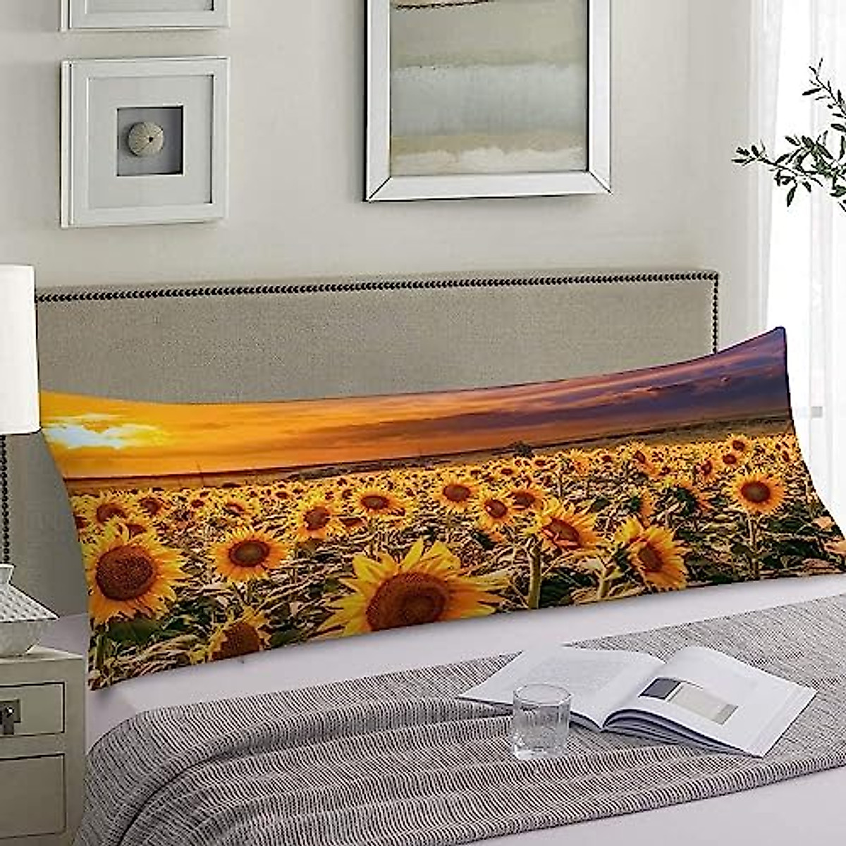 Lycomify Body Pillow Cover,Field of Sunflowers on The Sunset Printed Long Pillow Cases Protector with Zipper Decor Soft Large Covers Cushion for Beding,Couch,Sofa,Home Gift 20"x54"