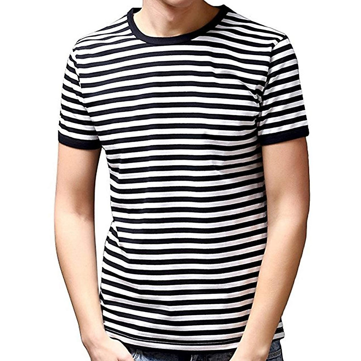 Ezsskj Men's Youth Short Sleeve Crew Neck Striped T Shirt Tee Outfits Tops Medium Black