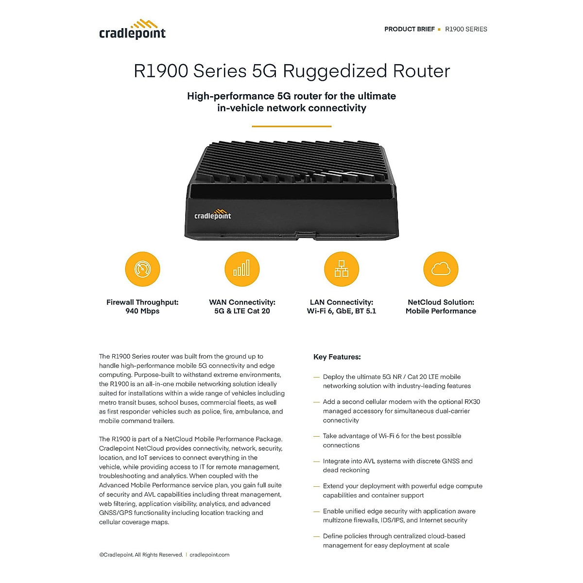 Cradlepoint, R1900 Router with WiFi (5G Modem), 1-Year Netcloud Mobile Performance Essentials Plan, Advanced Plan, NO AC/PSU, OR Antennas
