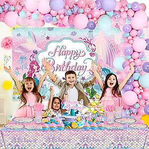 Mermaid Party Supplies Pink Mermaid Birthday Party Decorations Including Plate, Napkin, Cup, Tablecover, Happy Birthday Backdrop, Pink Mermaid Balloon Arch Kit for Girls Baby Shower, Serves 20