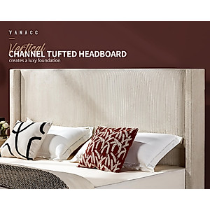 VanAcc King Size Platform Bed Frame, 50.8" Corduroy Upholstered Bed with Vertical Channel Tufted Headboard/Wooden Slats/Wingback/No Box Spring Required/Beige