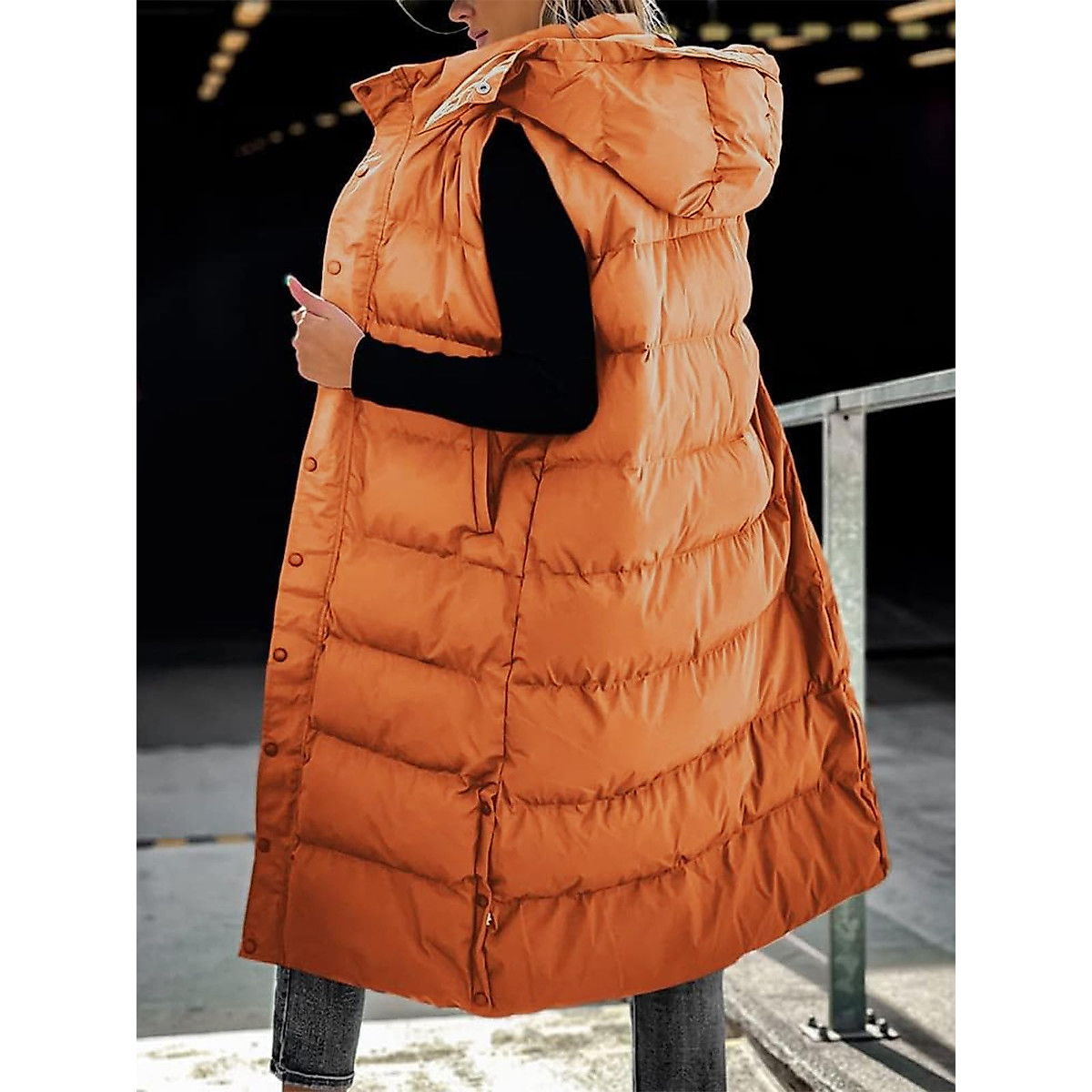 Grlasen Women's long Quilted Vest hooded sleeveless Button Down puff vest cotton padded jacket winter coat